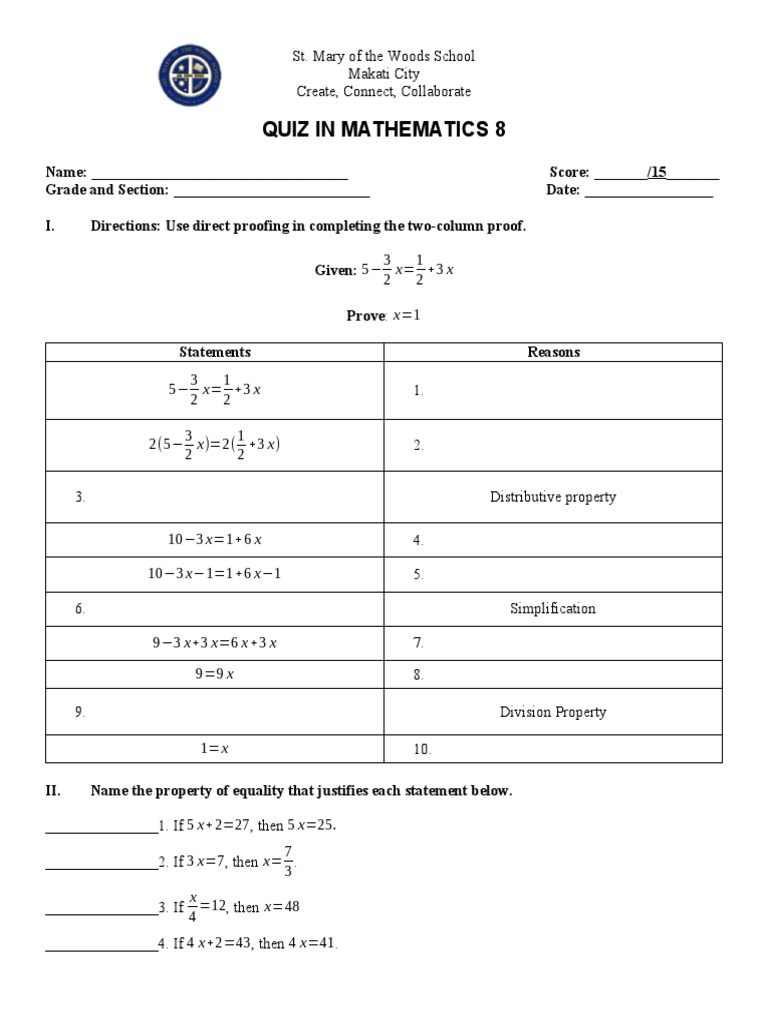 Math 8 Quiz: Two-Column Proofs | PDF
