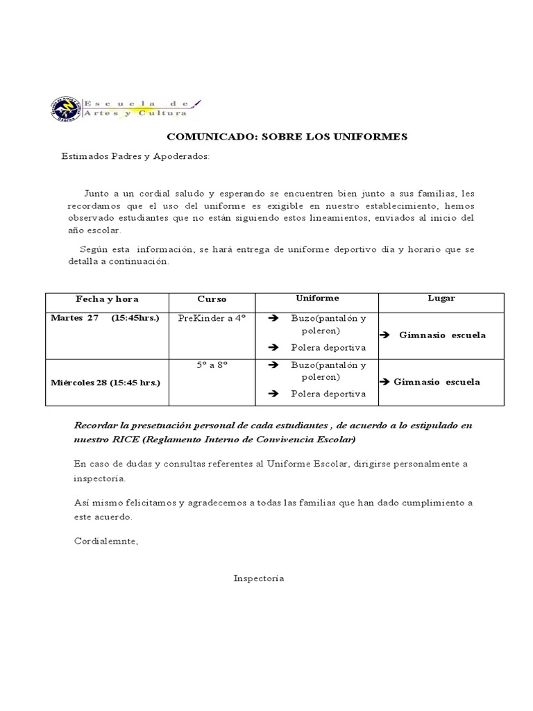 Comunicado 1 Entrega de Uniformes 2023 | PDF