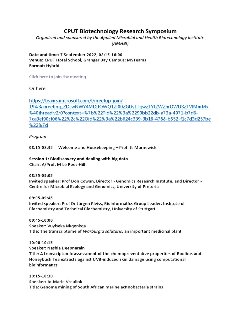 CPUT Biotechnology Research Symposium_Program | PDF