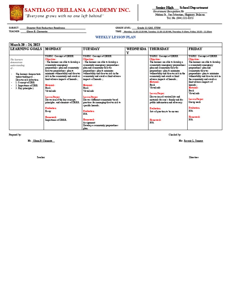 WEEKLY-LESSON-PLAN-11 DRRR | PDF | Disaster Risk Reduction | Lesson Plan