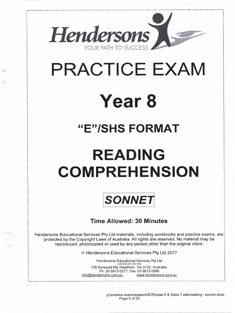 Hendersons_2018_Set 1_Reading Comprehension (1) | PDF