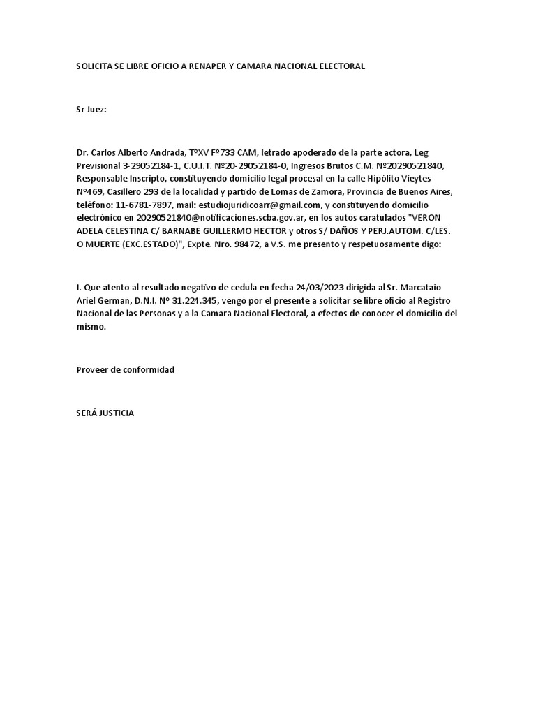 Solicita Se Libre Oficio A Renaper y Camara Nacional Electoral | PDF