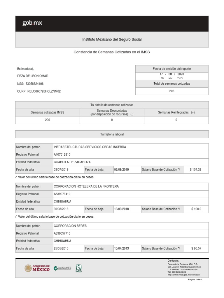 OMAR REZA de LEON Constancia de Semanas Cotizadas Del Asegurado | PDF ...