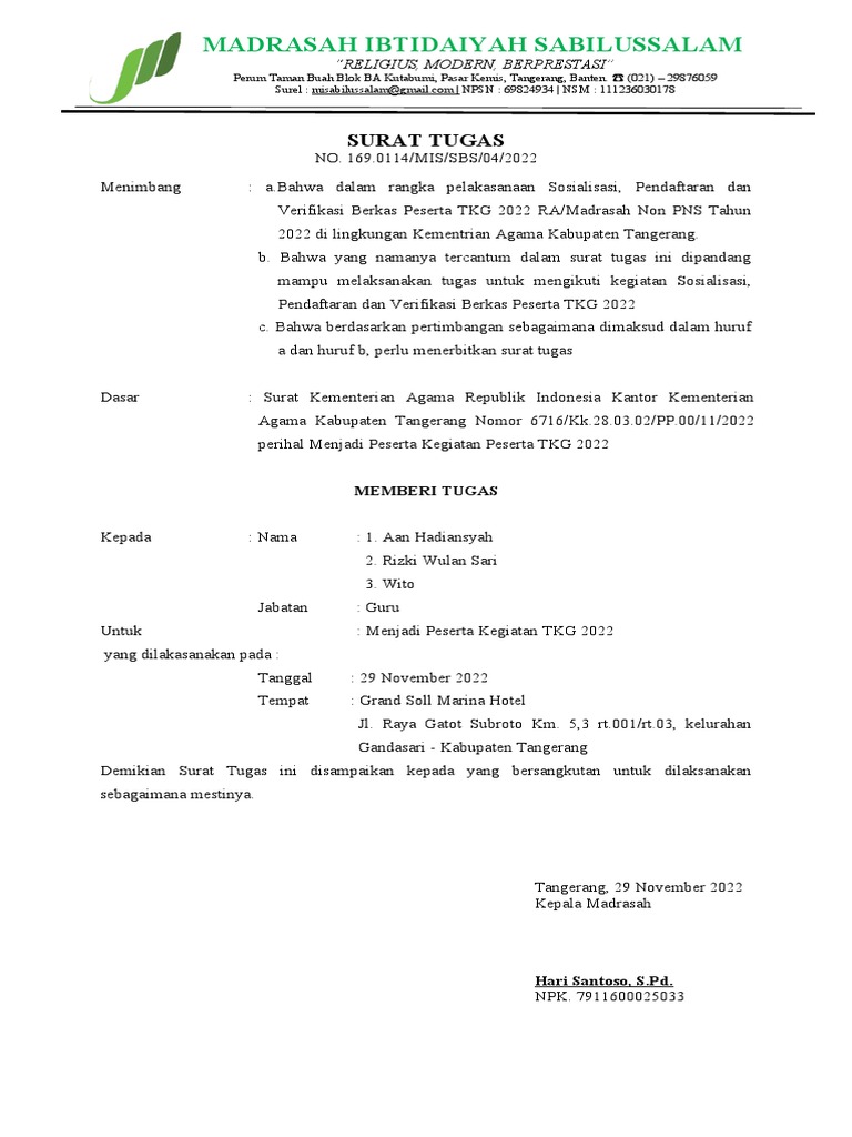 SURAT TUGAS Sosialisasi, Pendaftaran Dan Verifikasi Berkas Peserta TKG 2022 | PDF