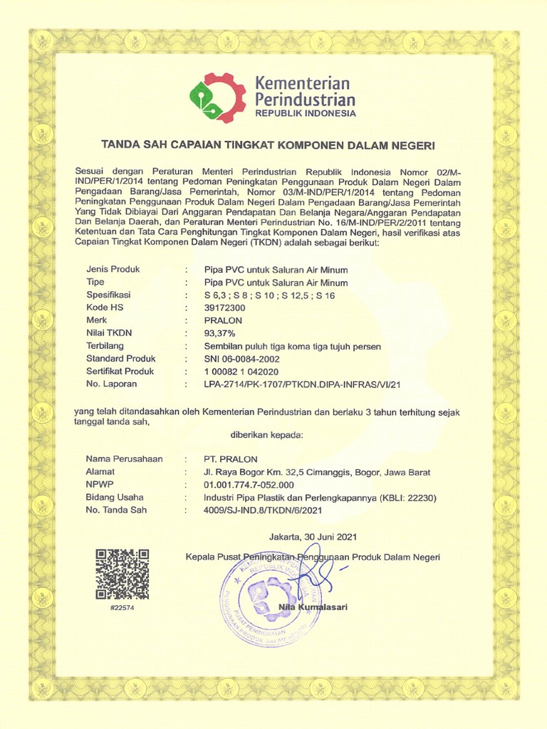 TKDN Pralon Pipa PVC SNI Air Minum 2021 | PDF