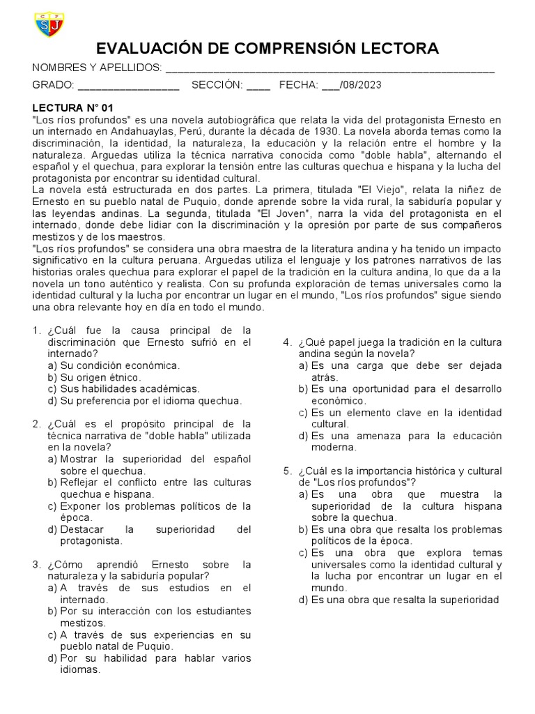 Evaluación de Comprensión Lectora | PDF