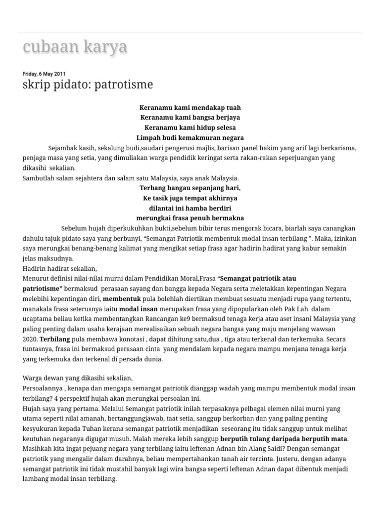Cubaan Karya - Skrip Pidato - Patrotisme | PDF