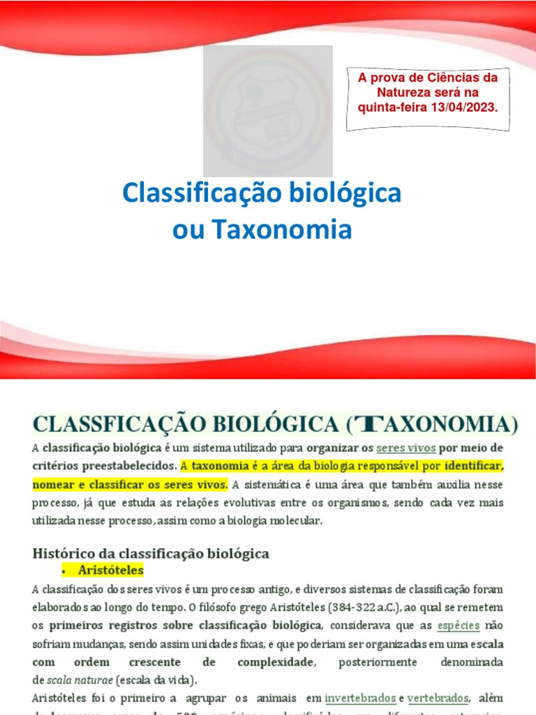 Classificação Biológica e Taxonomia | PDF | Taxonomia (Biologia) | Biologia