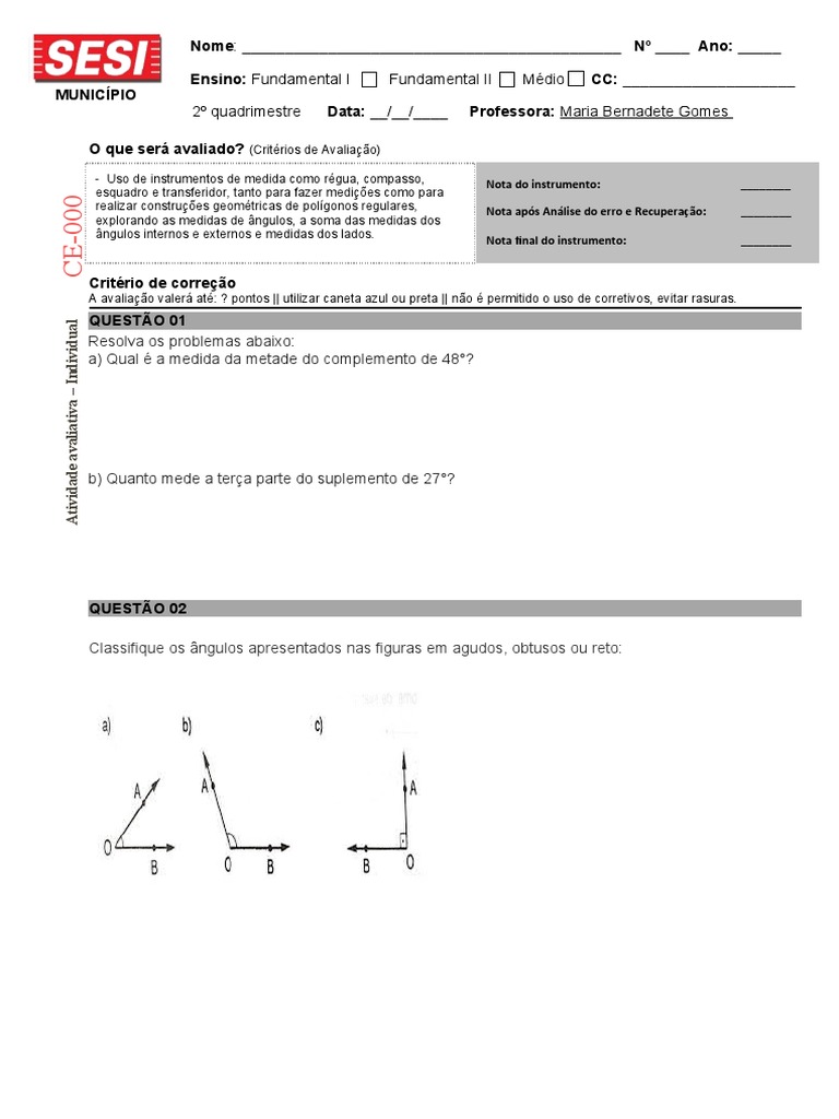Prova do 7º Ano - Ângulos | PDF | Ângulo
