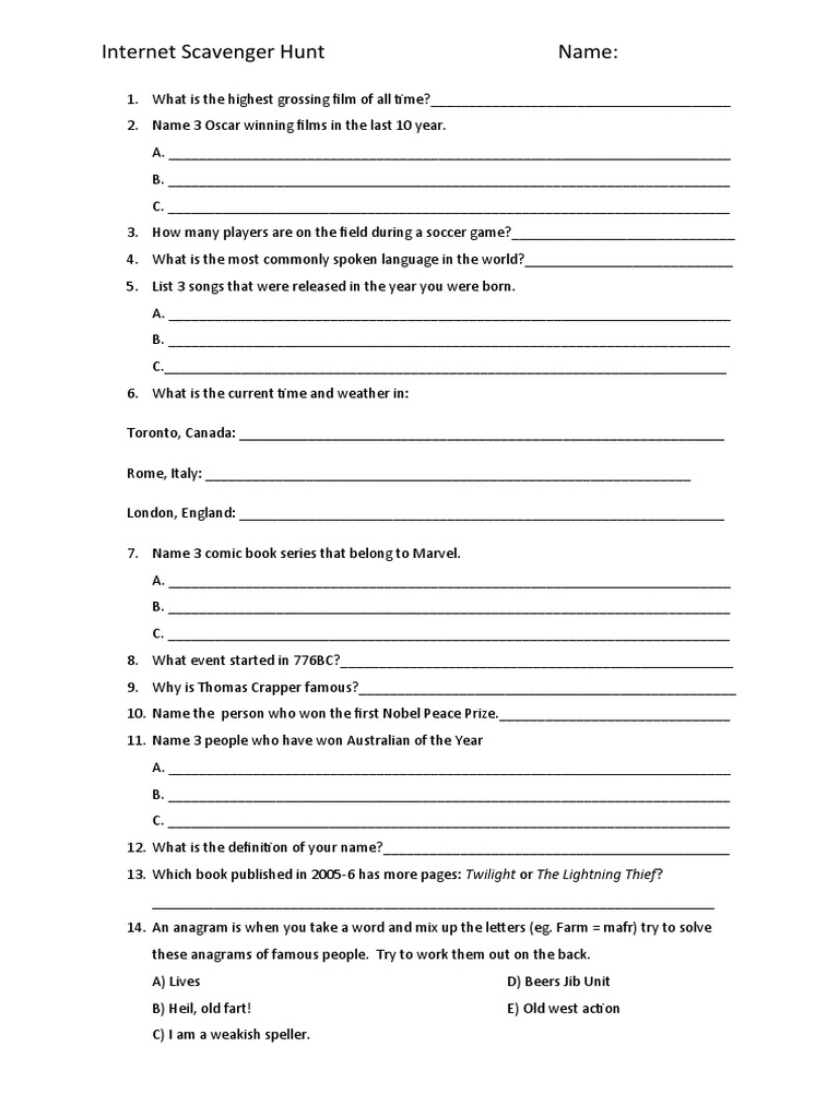 Internet Scavenger Hunt | PDF