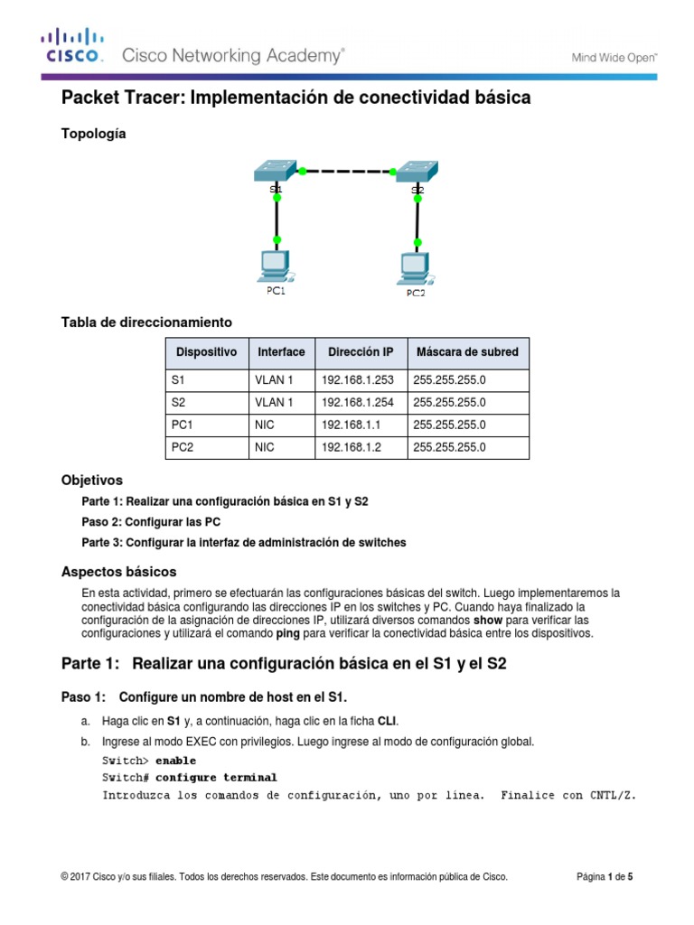 8.5.1.3 Packet Tracer - Implementing Basic Connectivity | PDF | Dirección IP | Conmutador de red