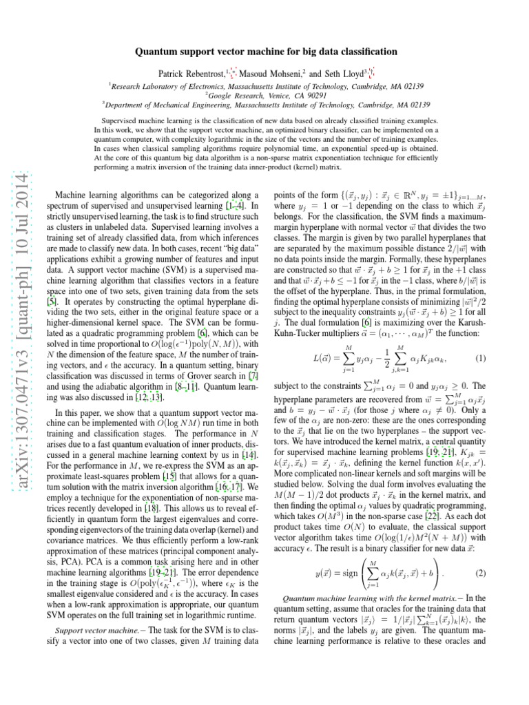 Quantum Support Vector Machine For Big Data Classification | PDF