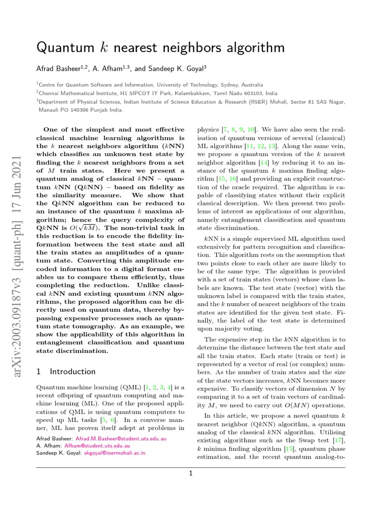 Quantum K Nearest Neighbors Algorithm | PDF Quantum K Nearest Neighbors Algorithm | PDF