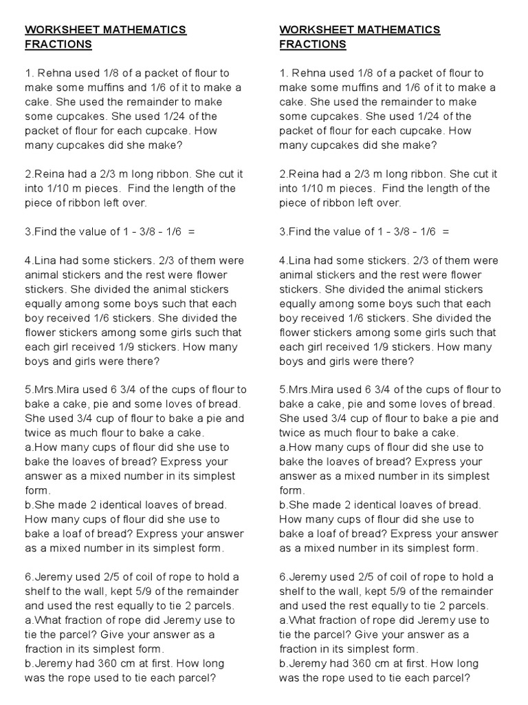 WORKSHEET MATHEMATICS FRACTIONS | PDF