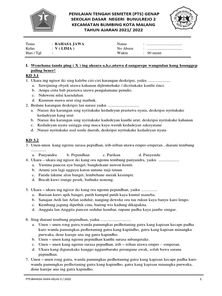 Soal Pts Bahasa Jawa Kls 5 | PDF