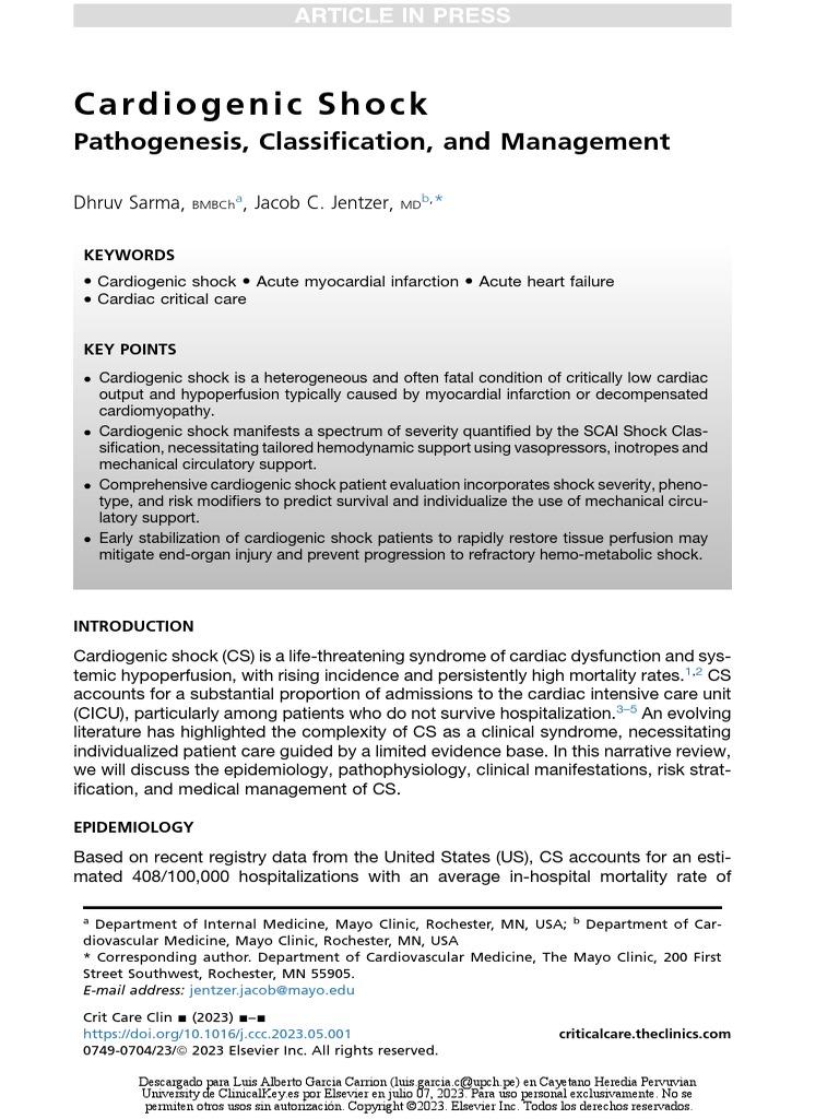 Cardiogenic Shock Pathogenesis, Classification, and Management | PDF ...