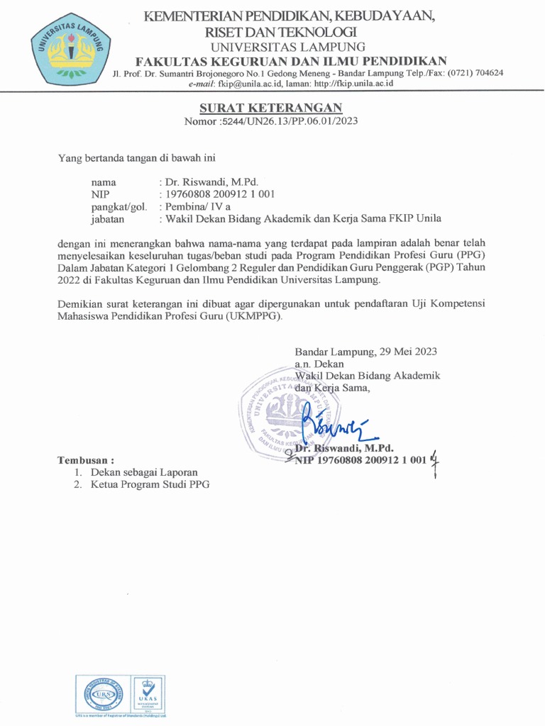 Surat Keterangan Mahasiswa PPG Daljab K1 g2 Menyelesaikan Studi - 2023 | PDF