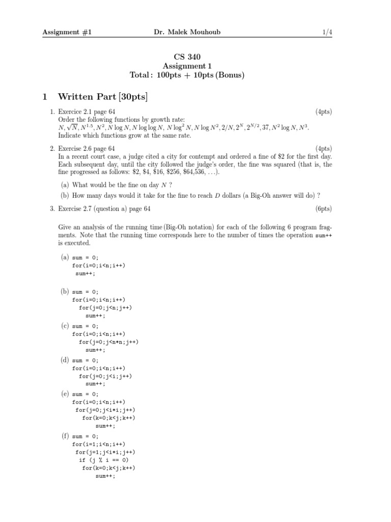 1 Written Part (30pts) : CS 340 Assignment 1 Total: 100pts + 10pts (Bonus) | PDF | Computer ...