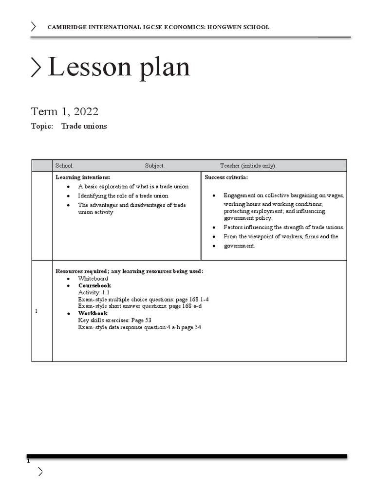 IGCSE ECONOMICS Trade Union 3.4 Unit Planner | Download Free PDF | Trade Union | Learning