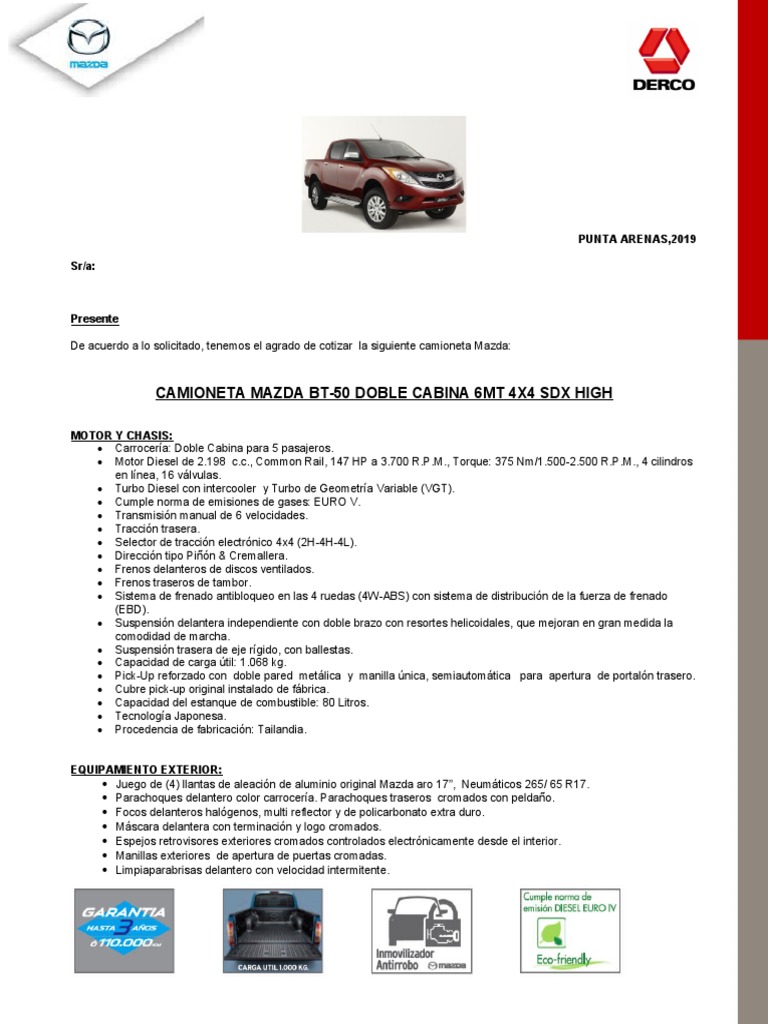 BT-50 DobleCabina 4X4 SDX HI. MIGUEL ABARCA PDF | PDF | Tracción en las cuatro ruedas | Camioneta