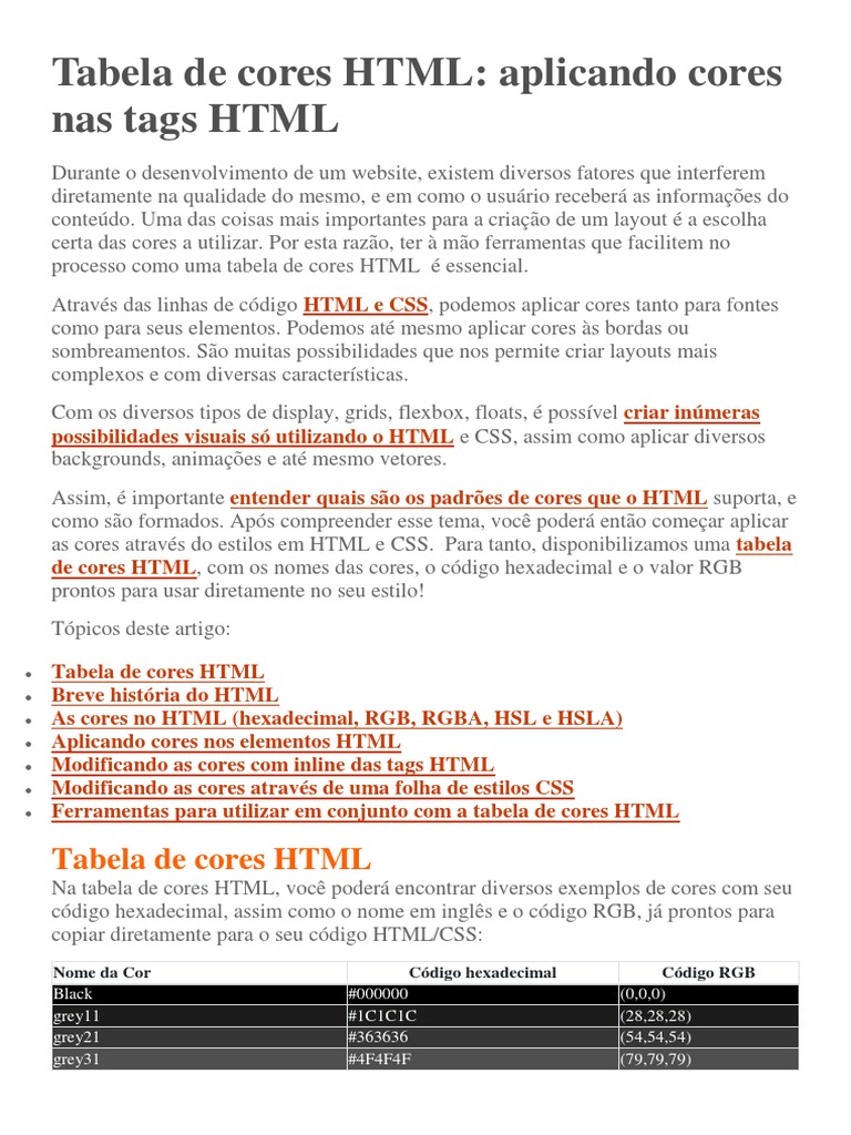 Tabela de Cores HTML - Aplicando Cores Nas Tags HTML | PDF