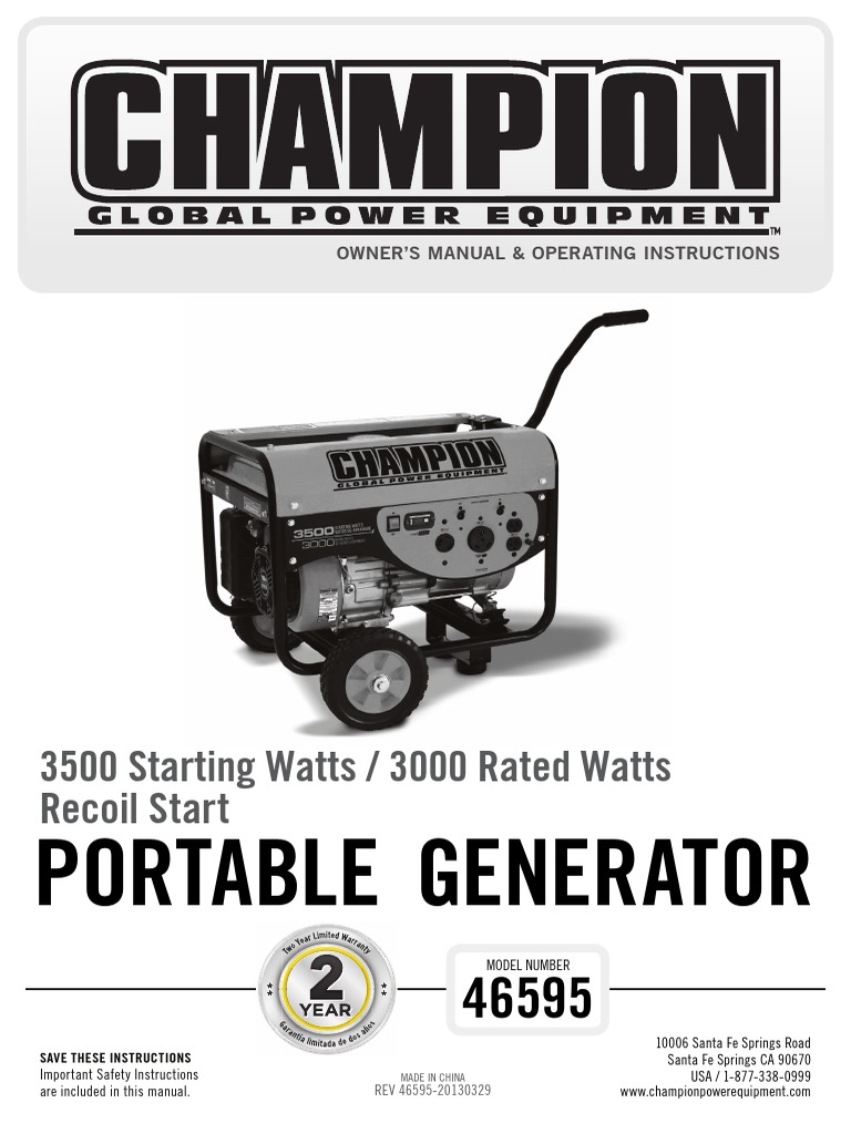 Champion 3500 Generator Manual | PDF | Electric Generator | Ac Power ...