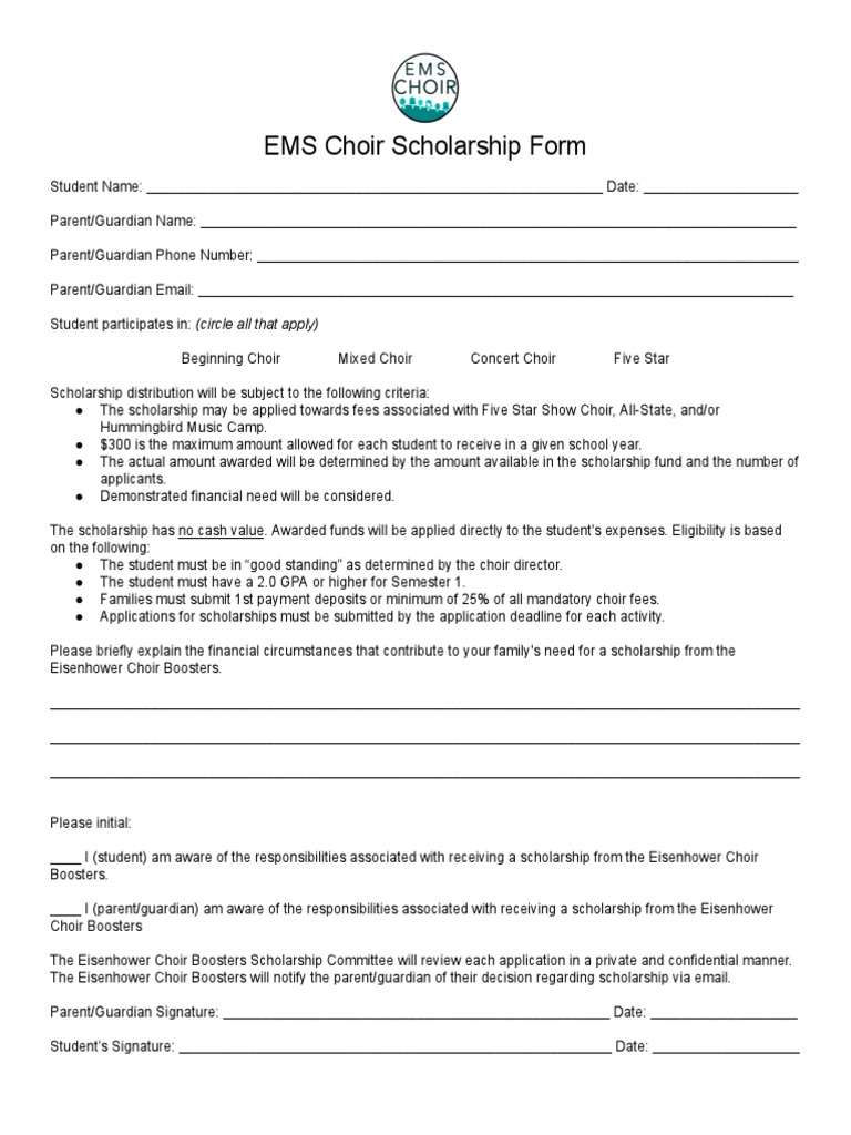 EMS Choir Scholarship Application Form | PDF