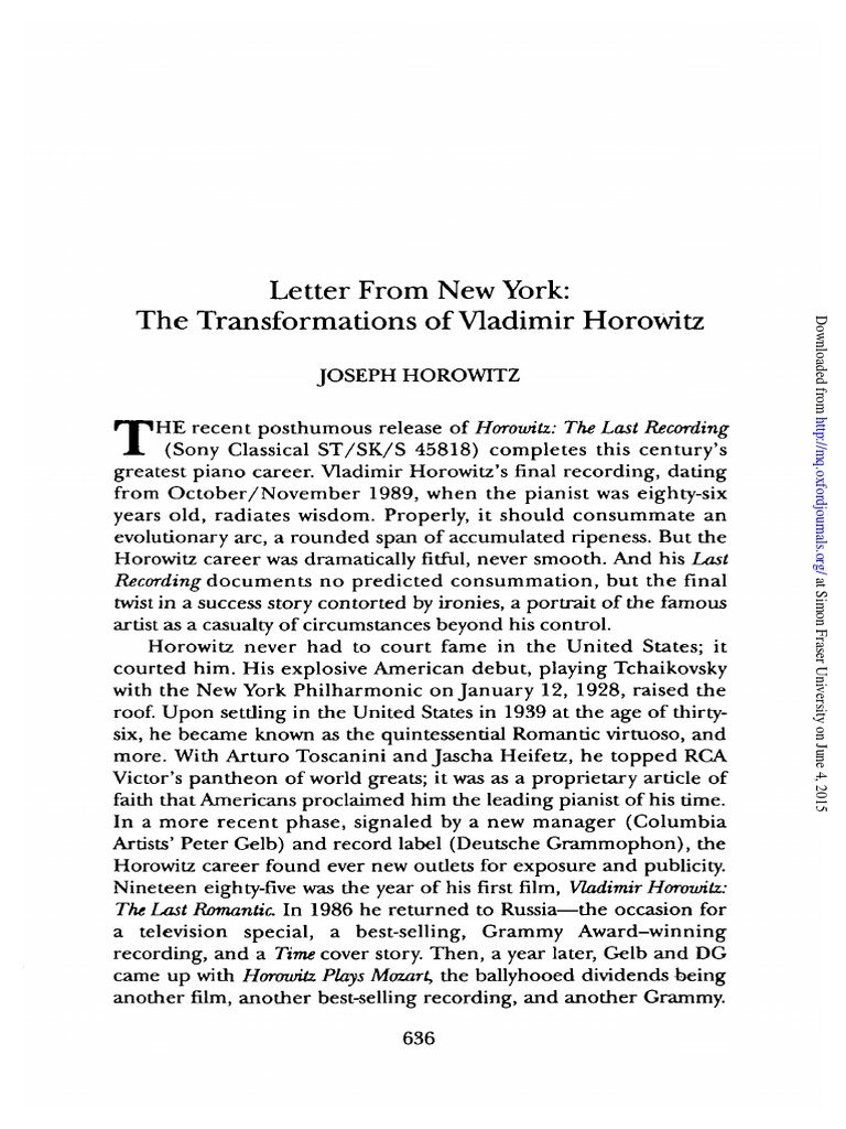 Letter From New York: The Transformations of Vladimir Horowitz | PDF ...