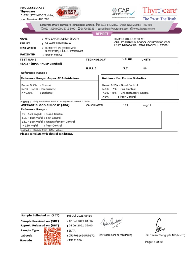 Savitri Singh Thyrocare | PDF | Medical Specialties | Clinical Medicine