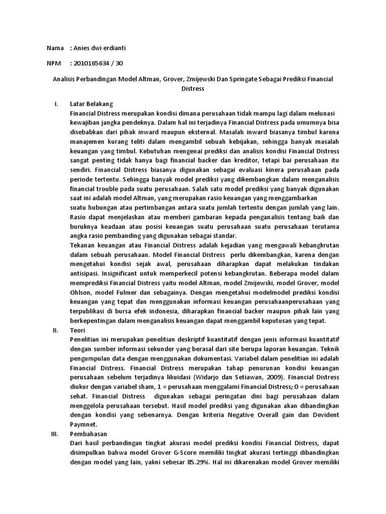 Analisis Perbandingan Model Altman, Grover, Zmijewski Dan Springate ...