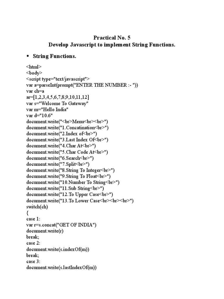 Practical No. 5 Develop Javascript To Implement String Functions | PDF