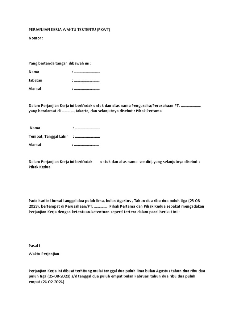 Draft PKWT Perjanjian Kerja Waktu Tertentu | PDF