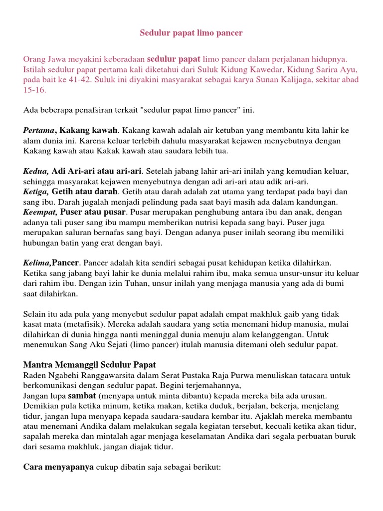 Memahami Sedulur Papat Limo Pancer | PDF