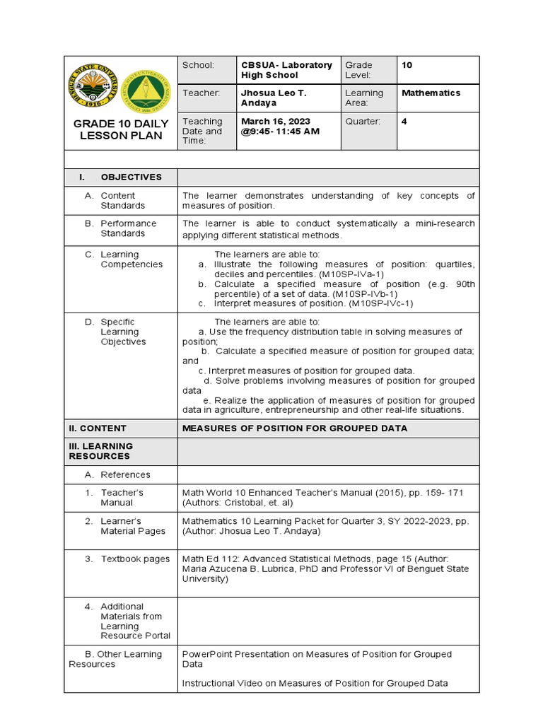 Grade 10 Math Lesson Plan: Measures of Position | PDF | Teaching ...