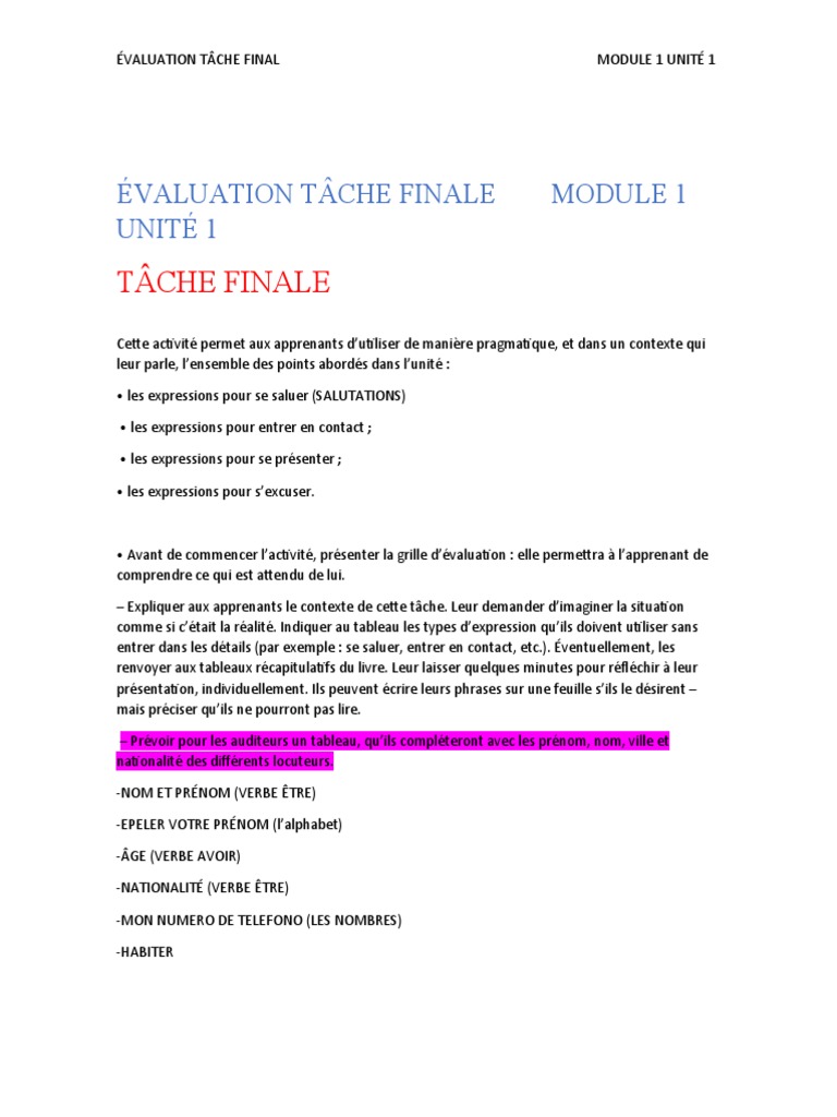 Évaluation Tâche Finale - Module 1 Unité 1 | PDF