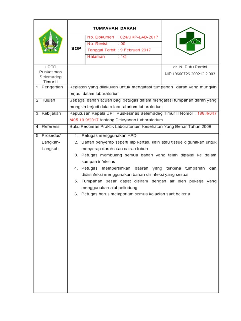 Sop Pengelolaan Tumpahan Darah | PDF