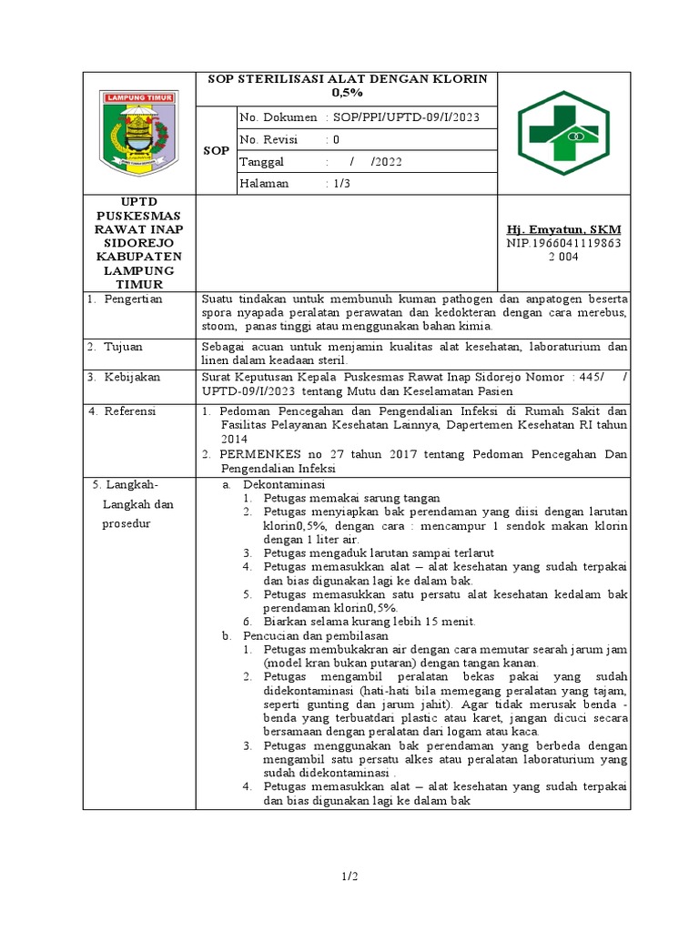 01 Sop Sterilisasi Alat Dengan Klorin | PDF