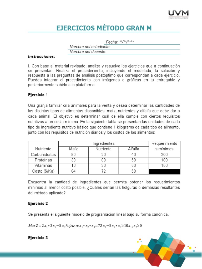 Ejercicios de Programación Lineal Método Gran M | PDF | Nutrición ...