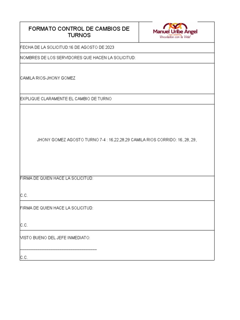Formato Cambios de Turno | PDF