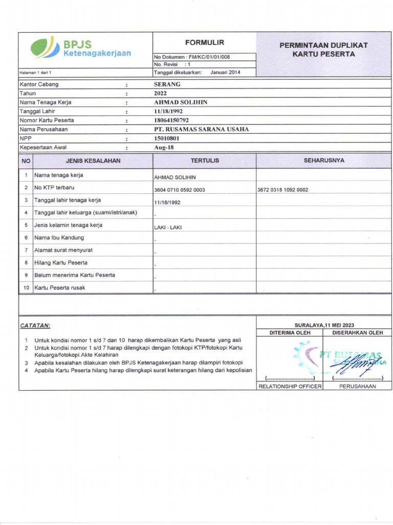 FORM PERUBAHAN BPJS TK AHMAD SOLIHIN | PDF