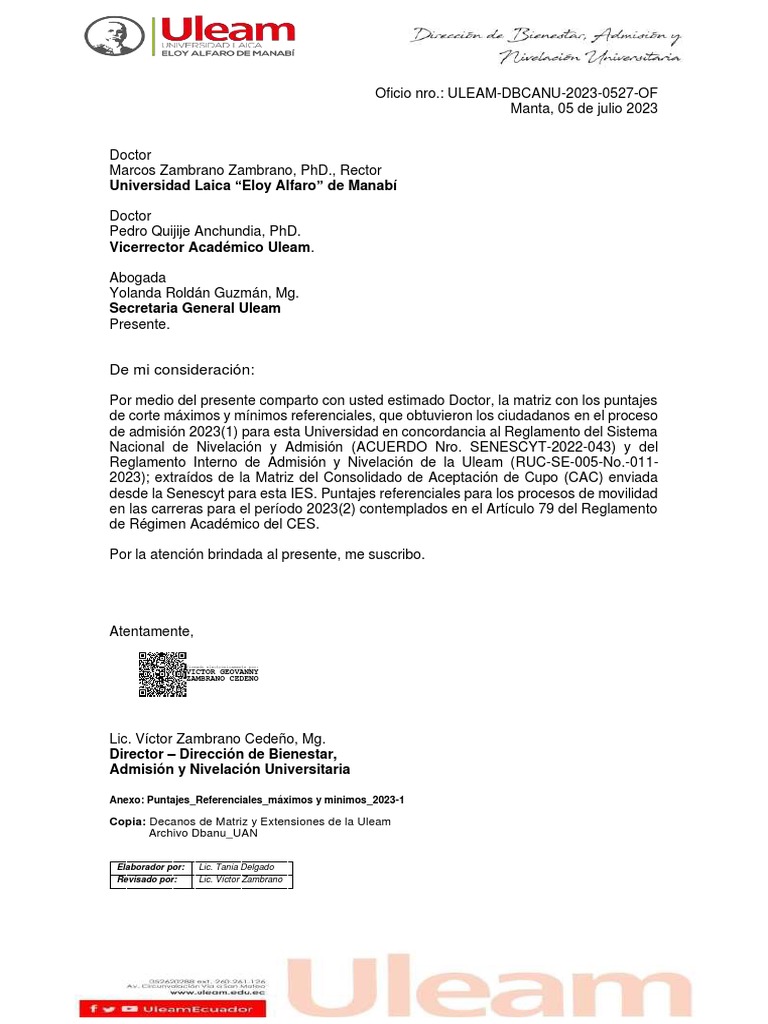 OFICIO DBANU 2023 0527 PuntajesReferencialesAdmision2023 1 Rectorado Signed | PDF