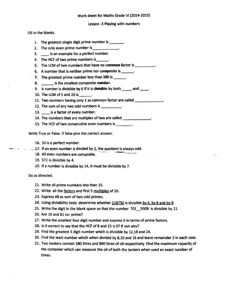 CBSE Class 6 Playing With Numbers Worksheet | PDF CBSE Class 6 Playing With Numbers Worksheet | PDF