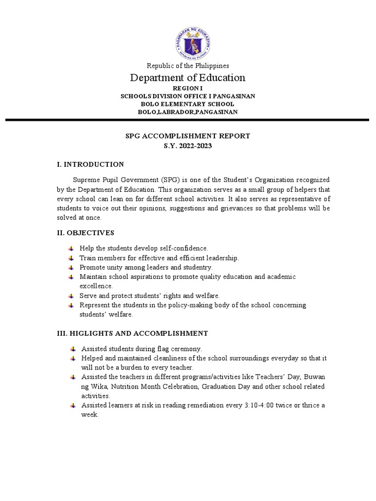 Accomplishment Report of SPG Third Quarter SY 2027 2018 | PDF