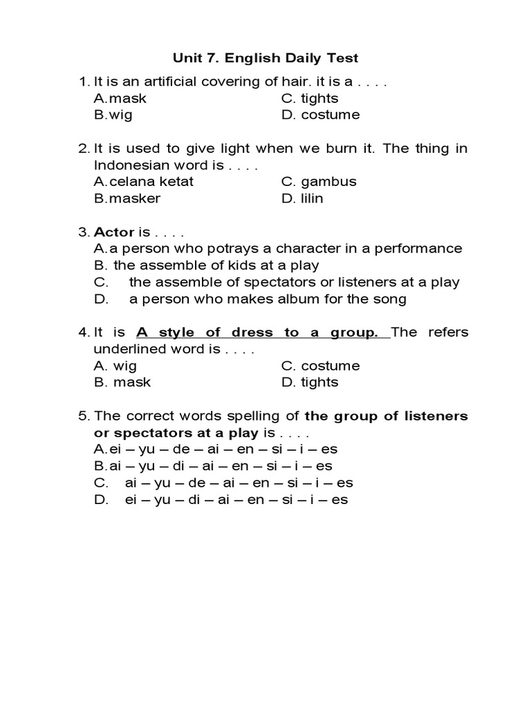 Unit 7. English Daily Test For Grade 5 | PDF