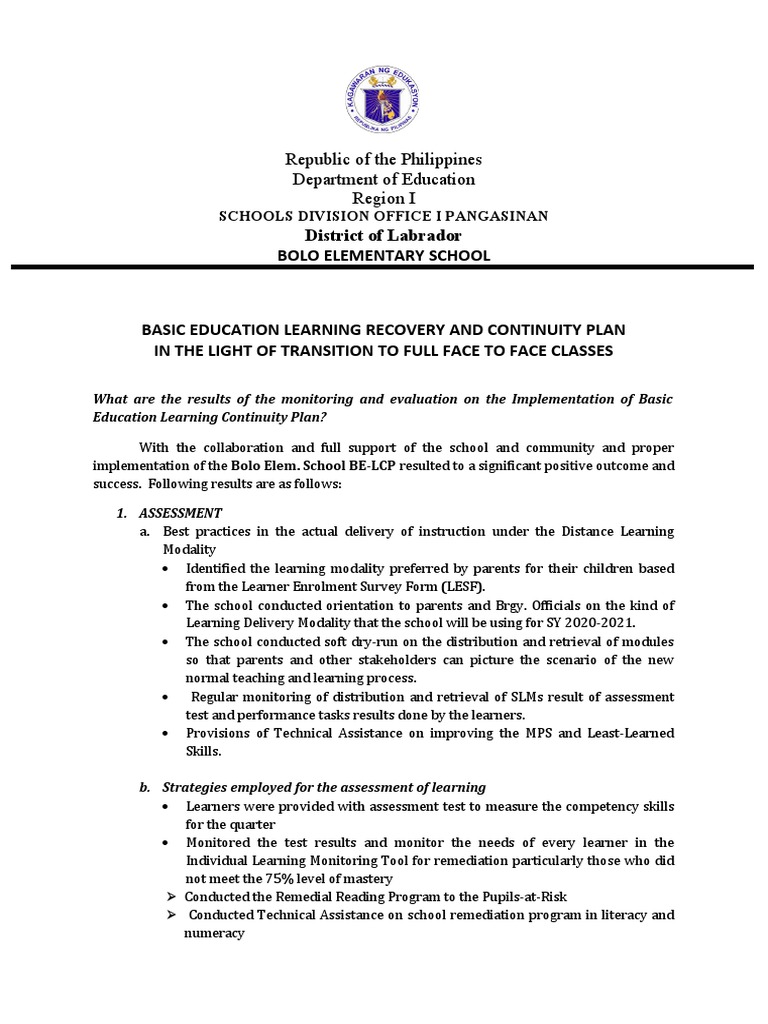 BOLO ES Monitoring and Evaluation On The Implementation of BE LCP. | PDF