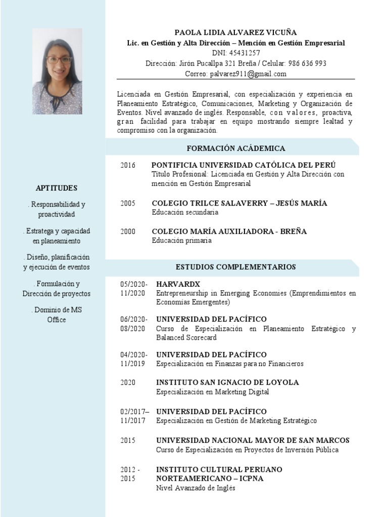 CV - Paola Lidia Alvarez Vicuña | PDF