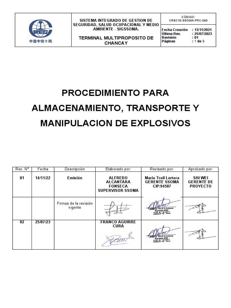 43.-CREC10 - SSOMA-PRC-043Procedimiento Almacenamiento, Transporte y Manipulacion de Explosivos ...