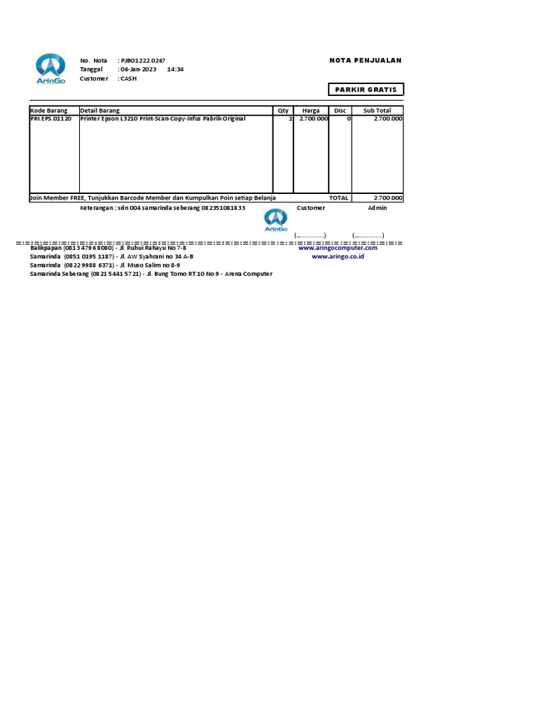 Nota Penjualan Printer Epson L3210 | PDF