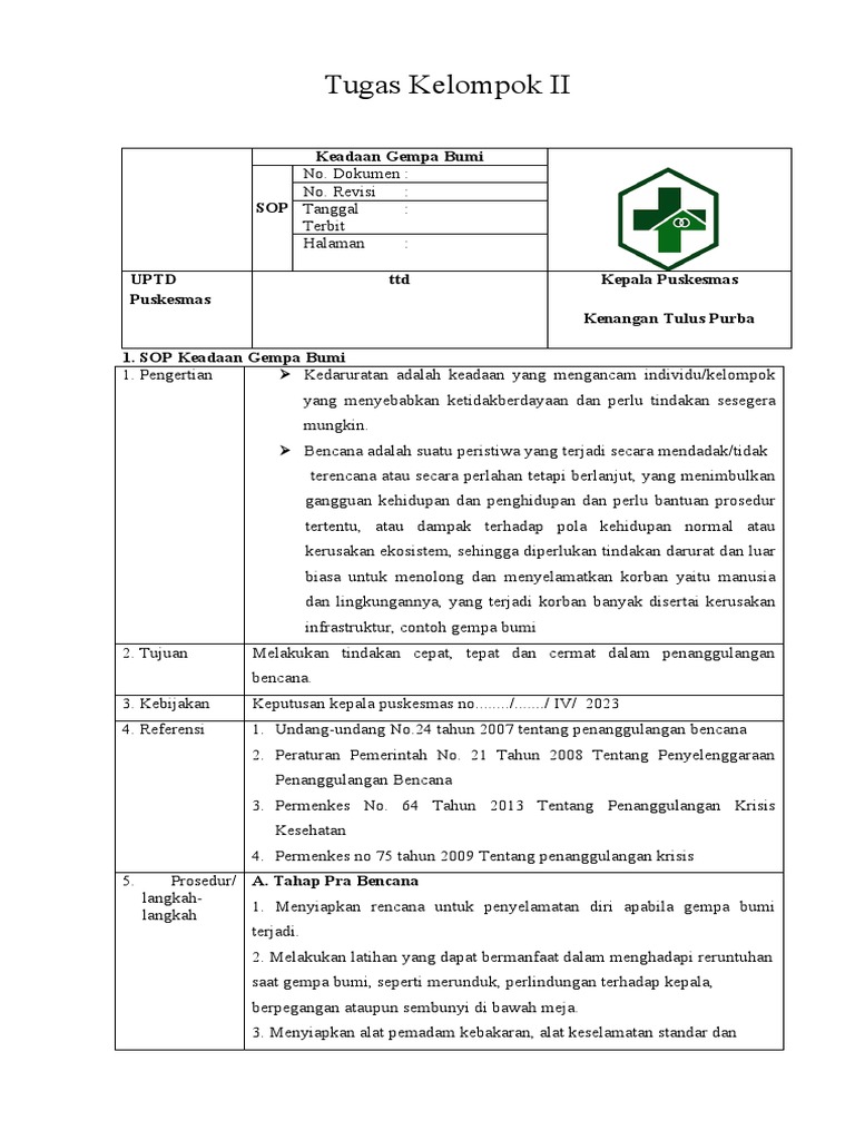 Tugas SOP Gempa, Safety Induction Dan Analisis HVA Kelompok II | PDF