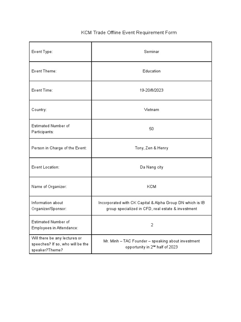 Offline Event Requirement Form - Vietnam Seminar Aug | PDF | Finance ...
